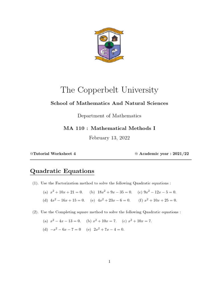 MA110 - Tutorial Worksheet 4 | PDF | Factorization | Quadratic Equation