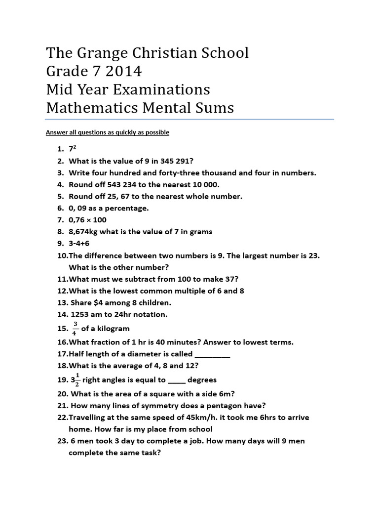 Grade 7 2014 Mid Yr Maths Mental Sums | PDF