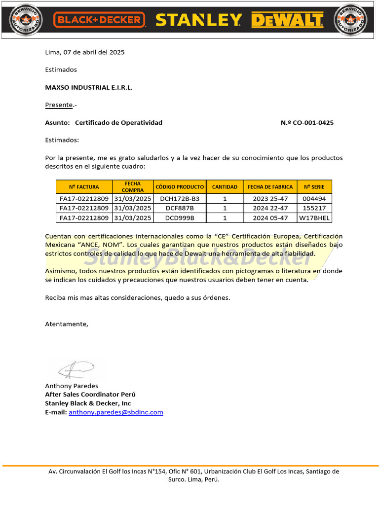 Certificado de Operatividad de Equipos de Poder 001-0425 | PDF