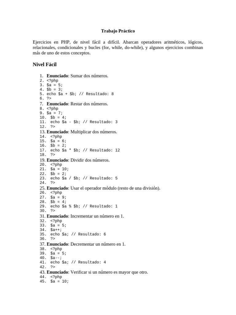 Ejercicios de PHP: Fácil a Difícil | PDF | Aritmética | Matemática Elemental