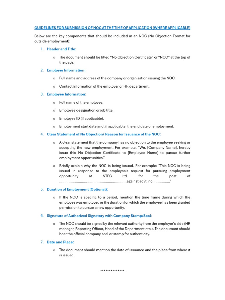 NOC Guidelines for Employment Applications | PDF