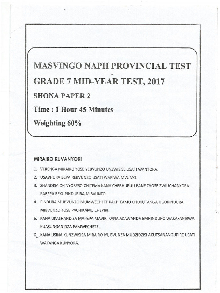 Masvingo Naph Provincial Test 2017. Shona Pp2 | PDF