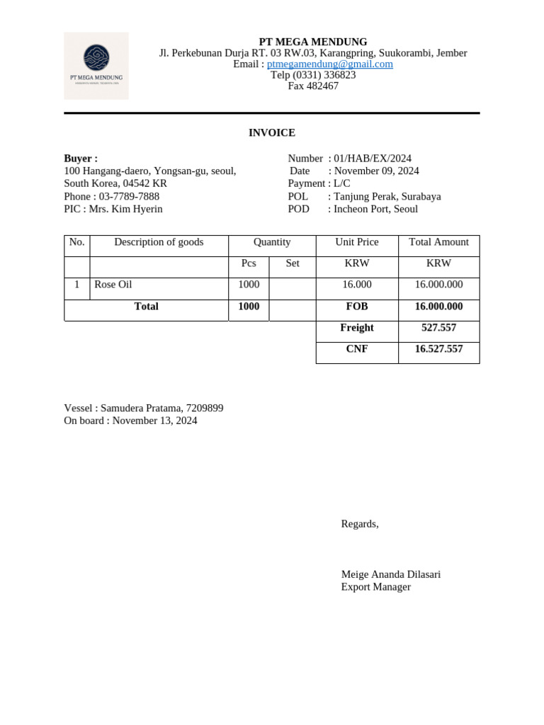 Invoice for Rose Oil Export to South Korea | PDF
