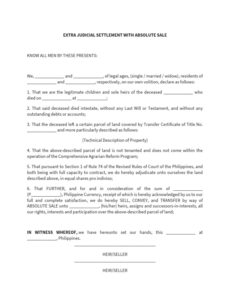 Extrajudicial Settlement & Sale Agreement | PDF