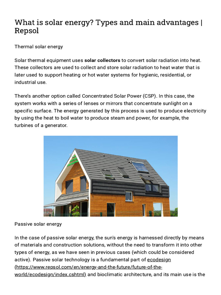 What Is Solar Energy - Types and Main Advantages - Repsol | PDF | Solar ...