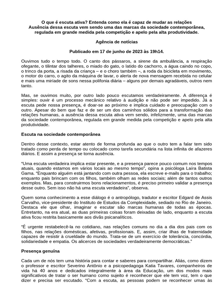 Escuta Ativa: Transformando Relações Humanas | PDF | Psicologia | Tempo