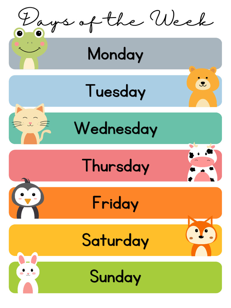 Days of the Week Poster in Orange Pink Blue and Yellow Simple Cute ...