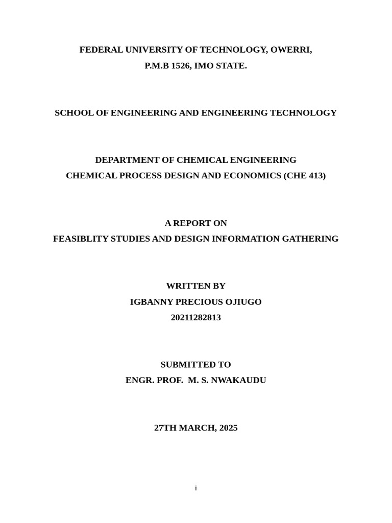PROF. NWAKUDU'S ASSIGNMENT - CHE 413 | PDF | Feasibility Study | Focus Group