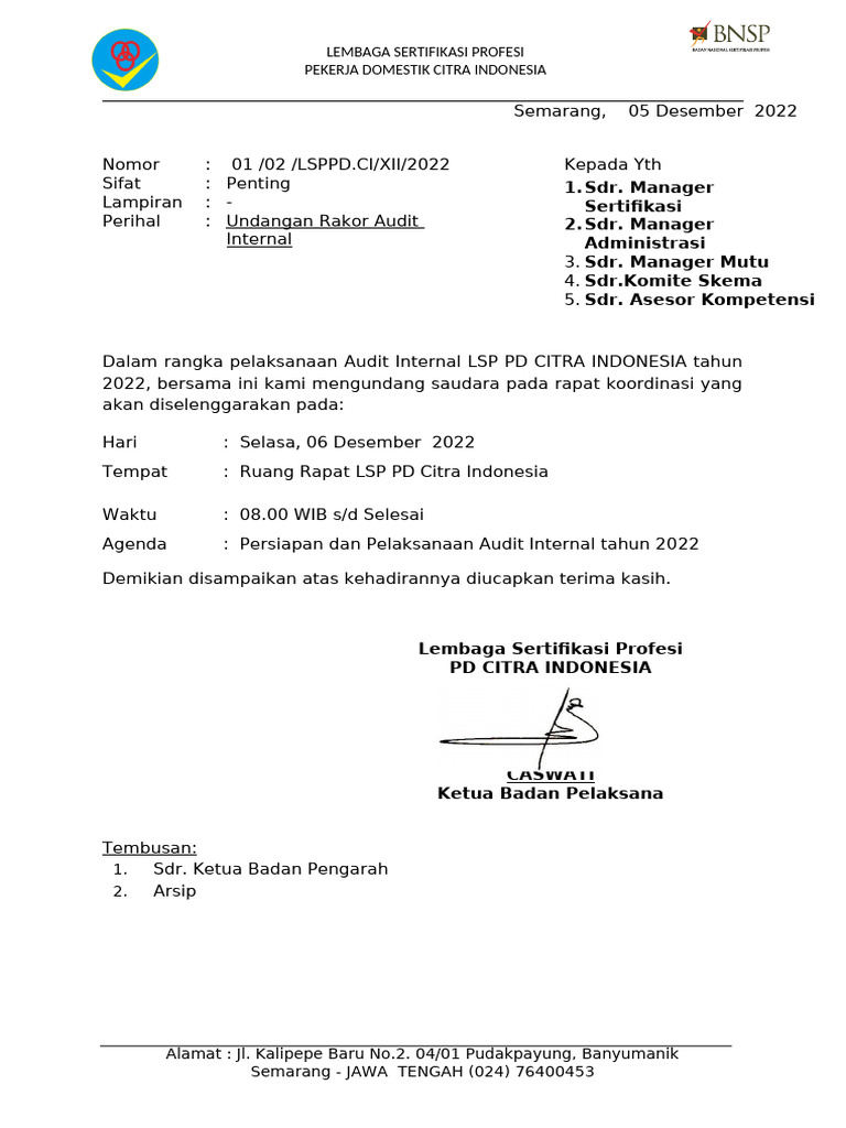 0.undangan Rapat Audit Internal TH 2022 | PDF