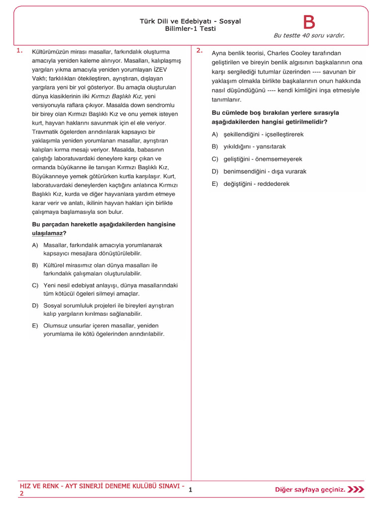 Hiz Ve Renk Ayt-2 Deneme Sinavi | PDF