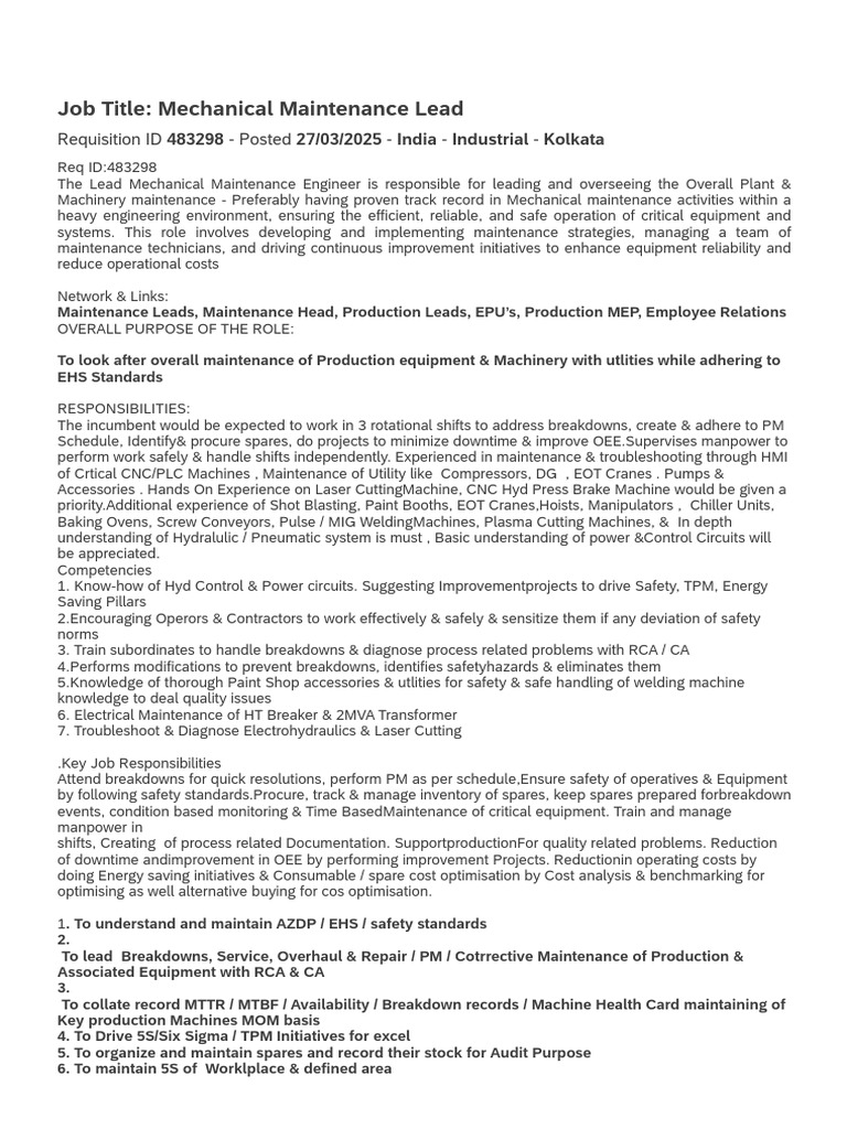 Job Description AR Replacement | PDF | Numerical Control | Engineering
