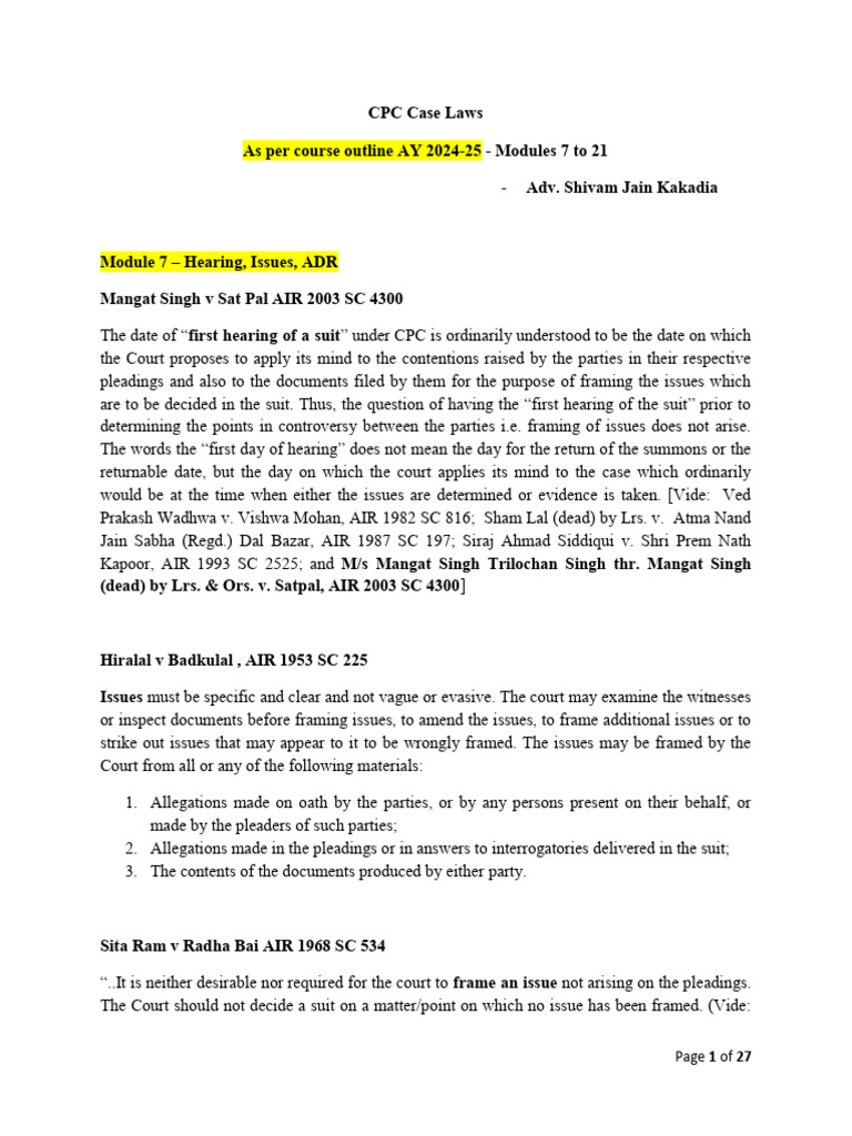 CPC Case Laws Modules 7 to 21 - 08.09.24 (1) | PDF | Judgment (Law) | Lawsuit