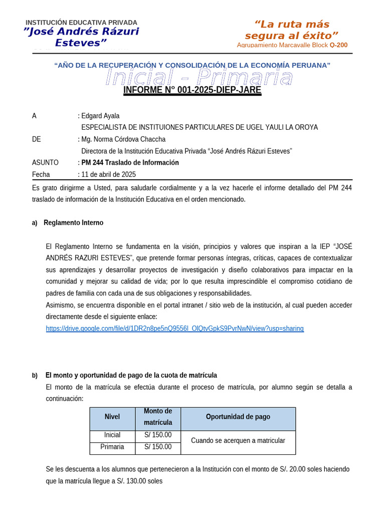 Informe N°001 | PDF | Escuelas | Pensión