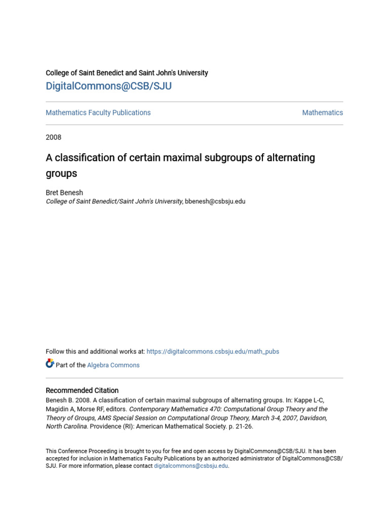 A classification of certain maximal subgroups of alternating grou | PDF | Group (Mathematics ...