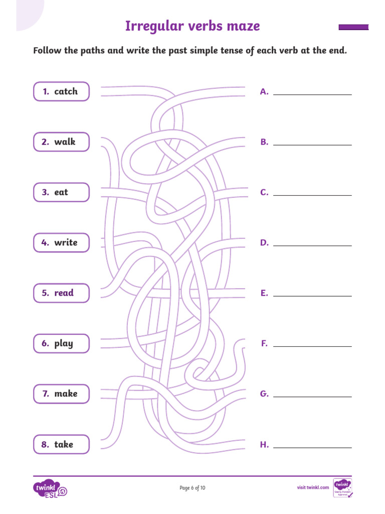 Irregular Verbs Maze: Follow The Paths and Write The Past Simple Tense ...