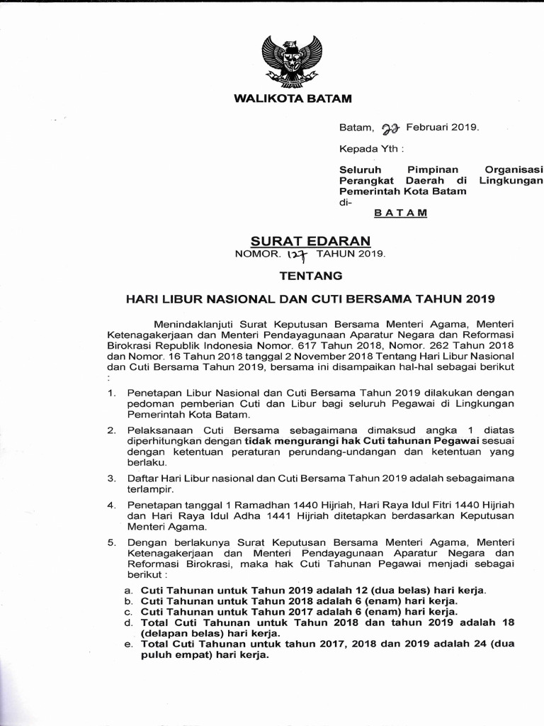 SE Hari Libur Nasional Dan Cuti Bersama Tahun 2019 Stempel | PDF