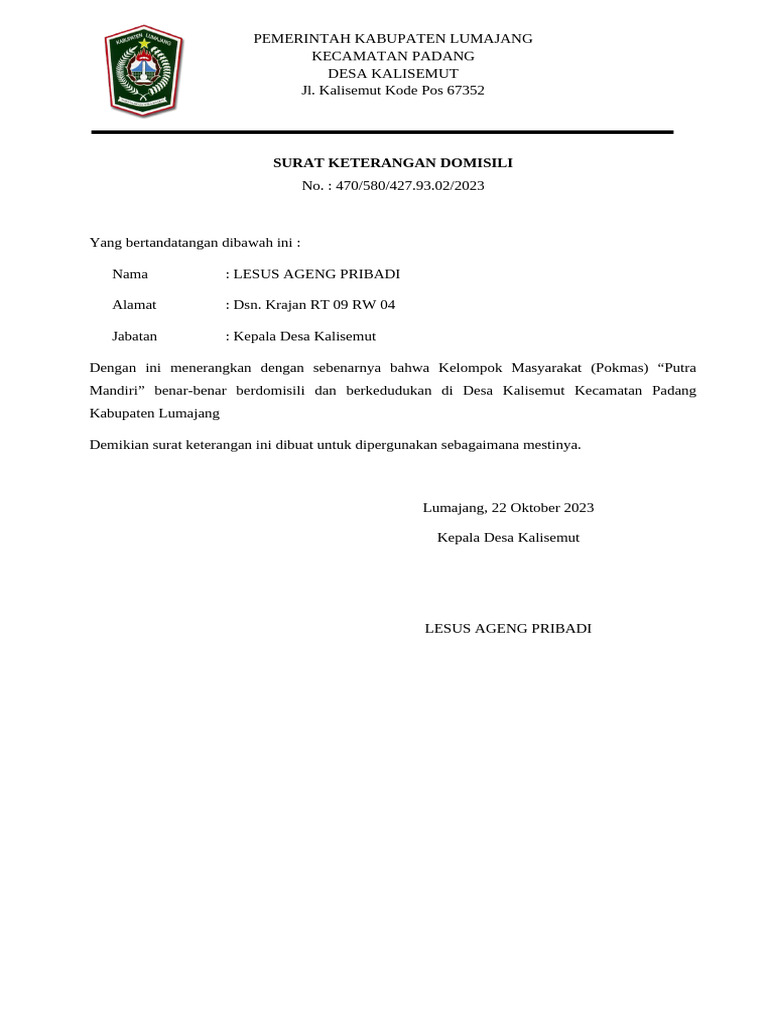 Surat Keterangan Domisili Pokmas Kalisemut | PDF