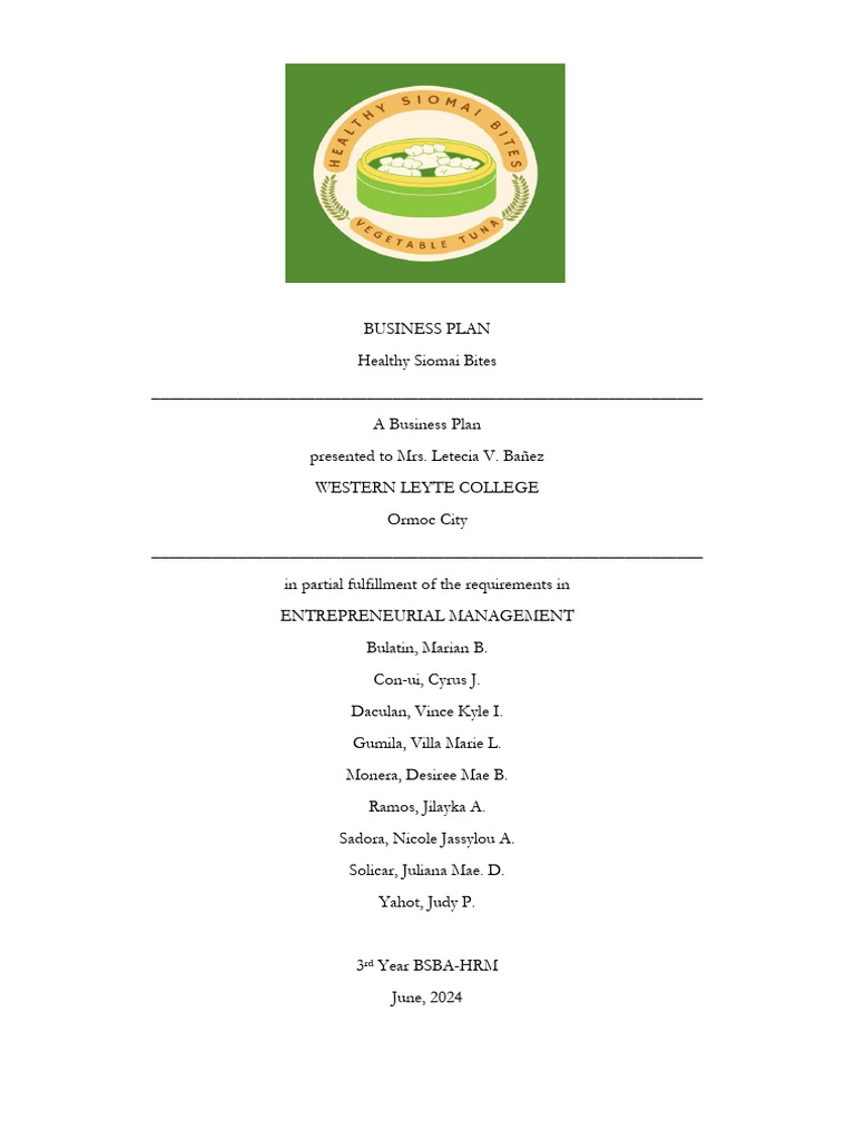 Final Business Plan Vegetable Tuna Siomai BSBA HRM GROUP 3 7 8PM2 PDF | PDF | Supply Chain | Brand
