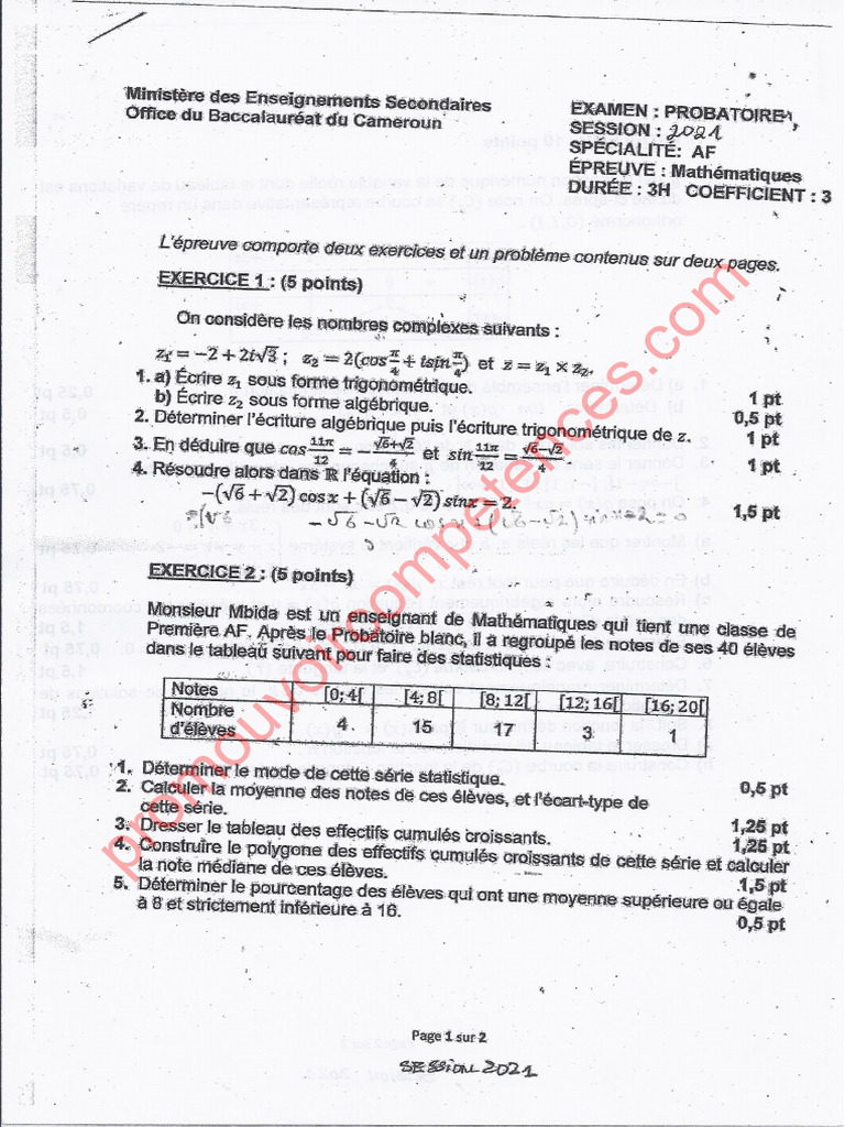 Epreuve Mathematiques Probatoire Af 2021promouvoircompetences Com | PDF