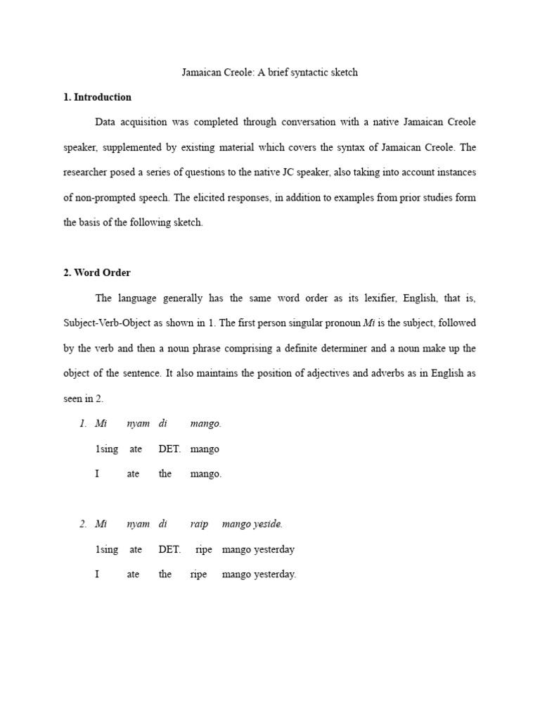 Jamaican Creole - A Brief Syntactic Sketch | PDF | English Language | Noun