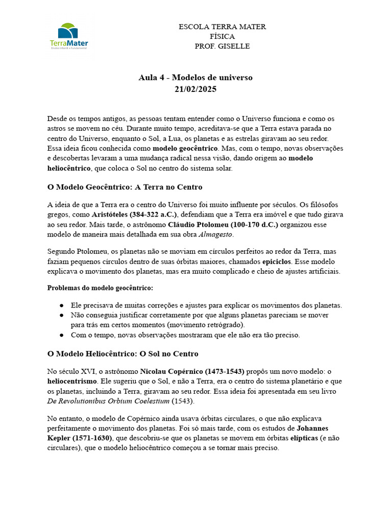 Aula 4 - Modelos de Universo - 8 ° Ano 2025 | PDF | Heliocentrismo ...