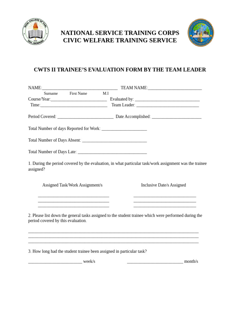 CWTS II Trainee Evaluation Form | PDF | Behavioural Sciences | Psychology