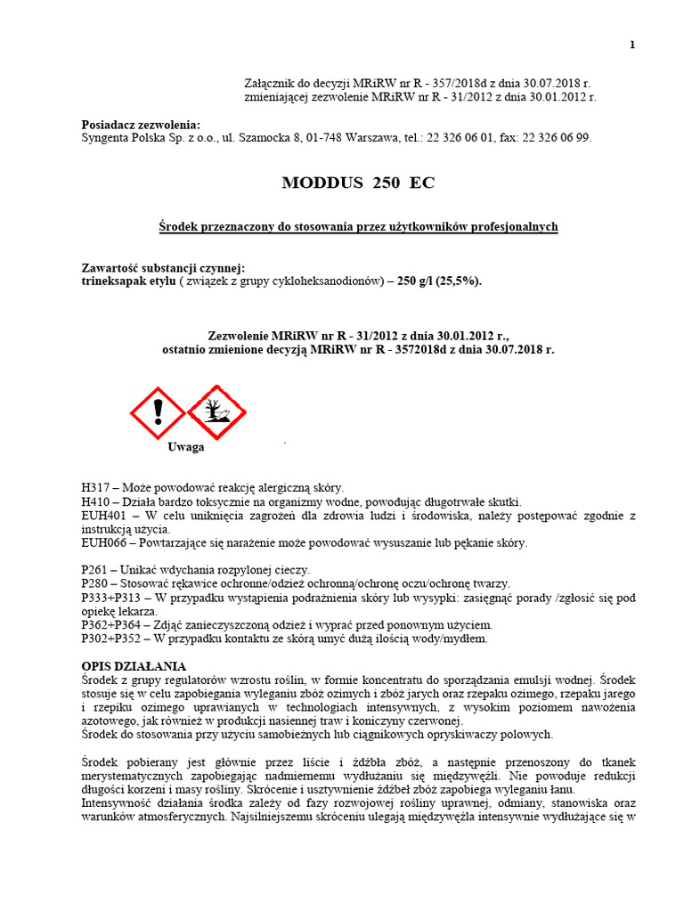 Moddus 250 EC - ET 30-07-2018 | PDF