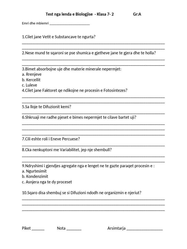 Test Nga Lenda e Biologjise Klasa 7-3 | PDF