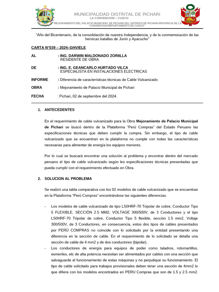 Carta 39 Diferencia de Caracteristicas de Cable Vulcanizadp | PDF | Conductor electrico ...