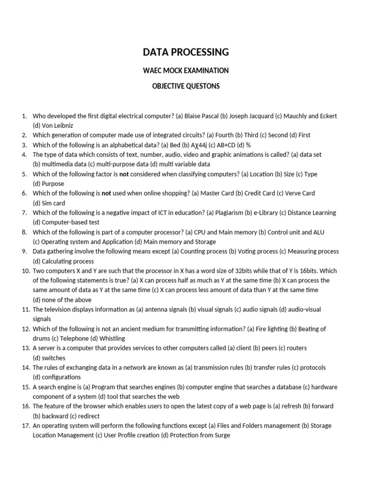DATA PROCESSING MOCK EXAM QUESTIONS | PDF | Databases | Computer File