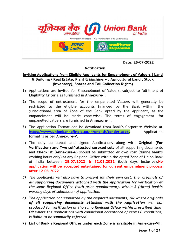 Union Bank Valuer Empanelment Notice | PDF | Real Estate Appraisal ...