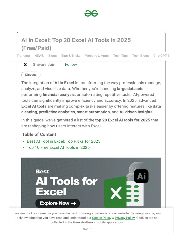 AI in Excel - Top 20 Excel AI Tools in 2025 (Free - Paid) - GeeksforGeeks | PDF | Microsoft ...