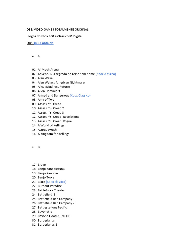 Jogos Do Xbox 360 Clássico | PDF | Videogames | Franquias de videogames