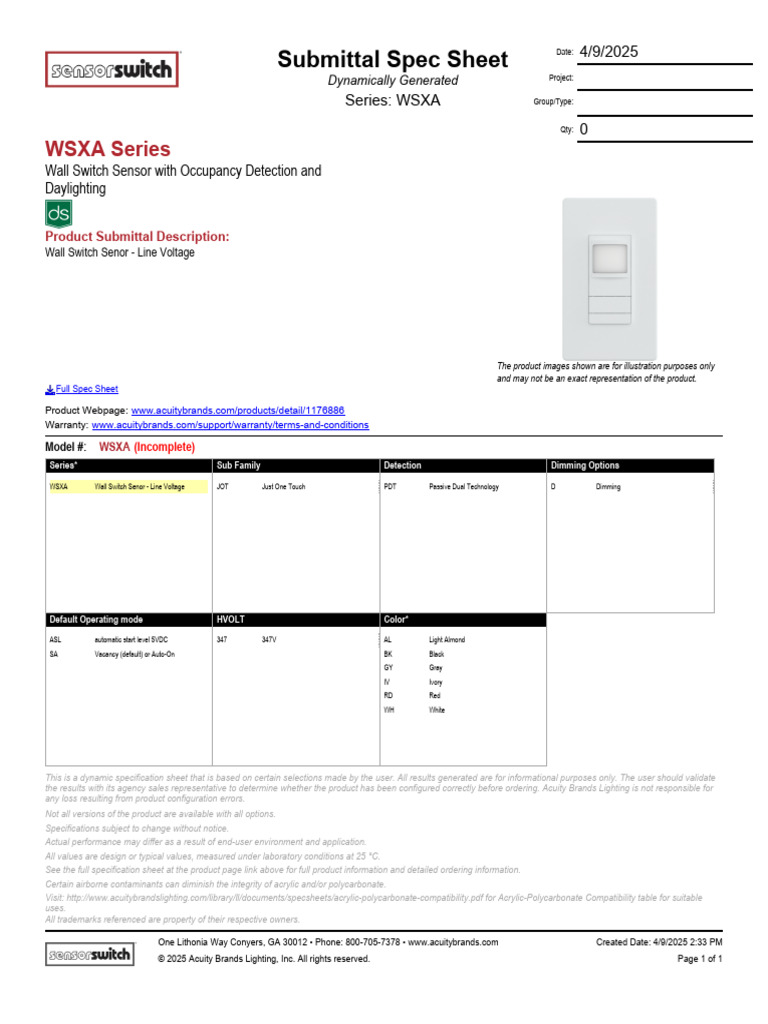 SensorSwitch WSXA SubmittalSpecSheet 040925 | PDF