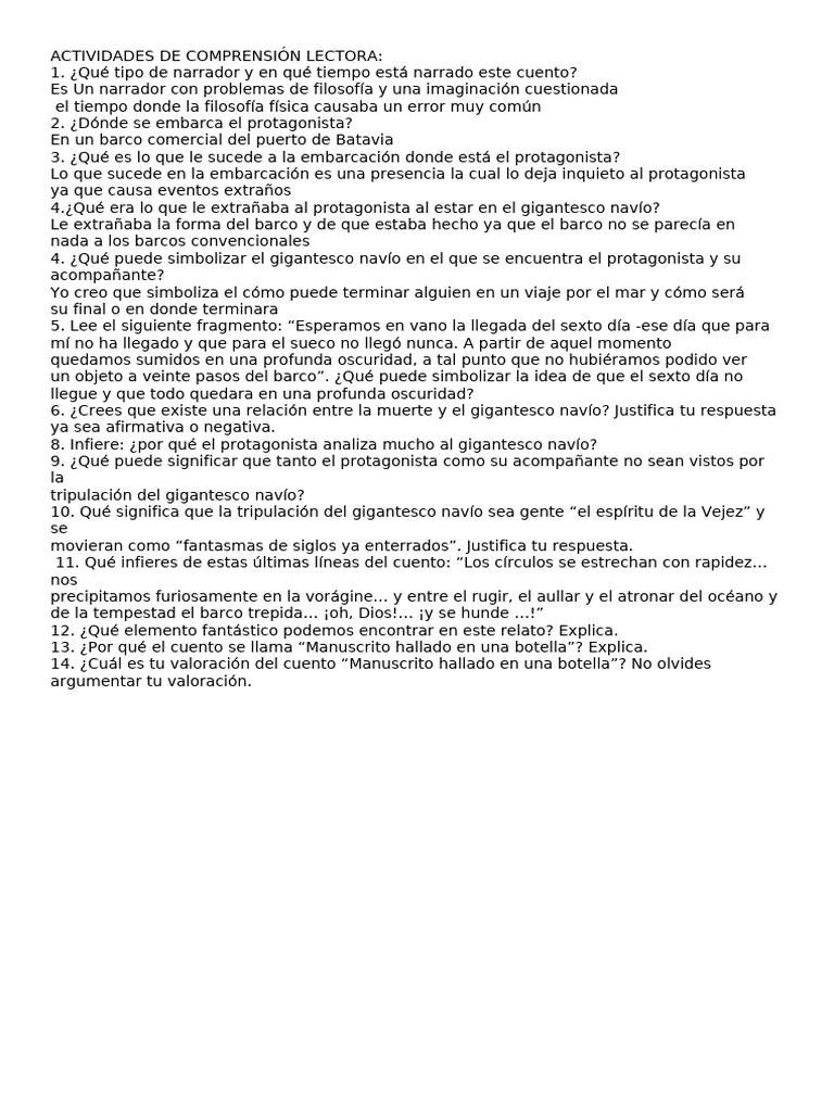 ACTIVIDADES DE COMPRENSIÓN LECTORA El Gato Negro | PDF