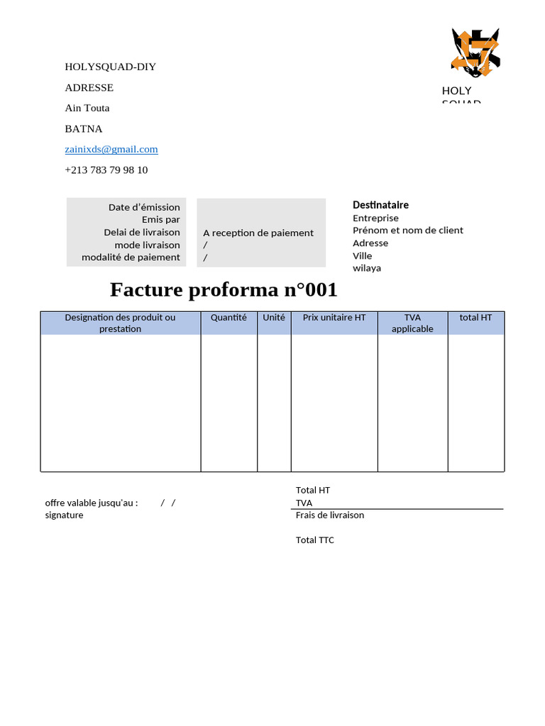 Exemple de facture proforma avec TVA | PDF