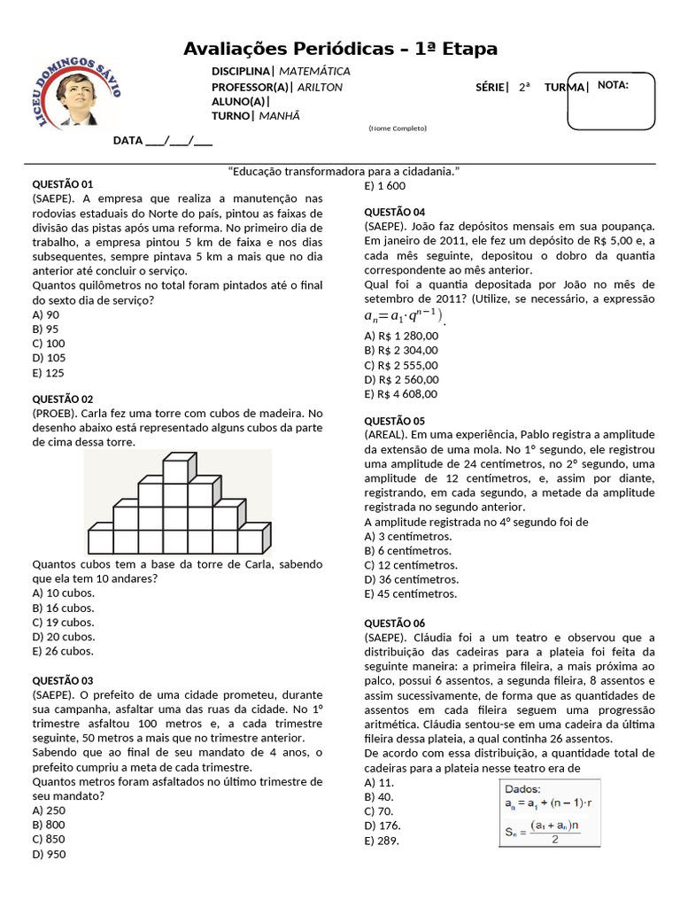 Mat 2º Ano - MANHÃ.1periodo - Arilton | PDF