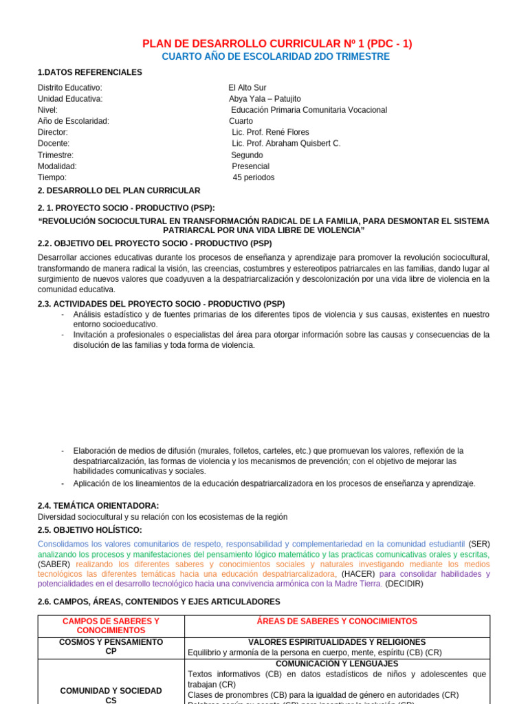 PDC 4TO (2do TRIMESTRE) | PDF | Enseñando | Bolivia