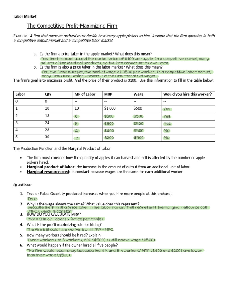 5.1 - Profit Maximizing Hires Worksheet | PDF