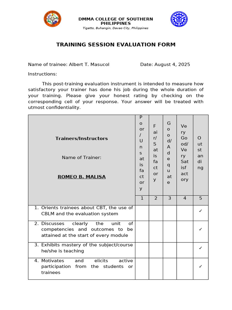 Trainer Evaluation Form for DMMA College | PDF | Human Communication ...