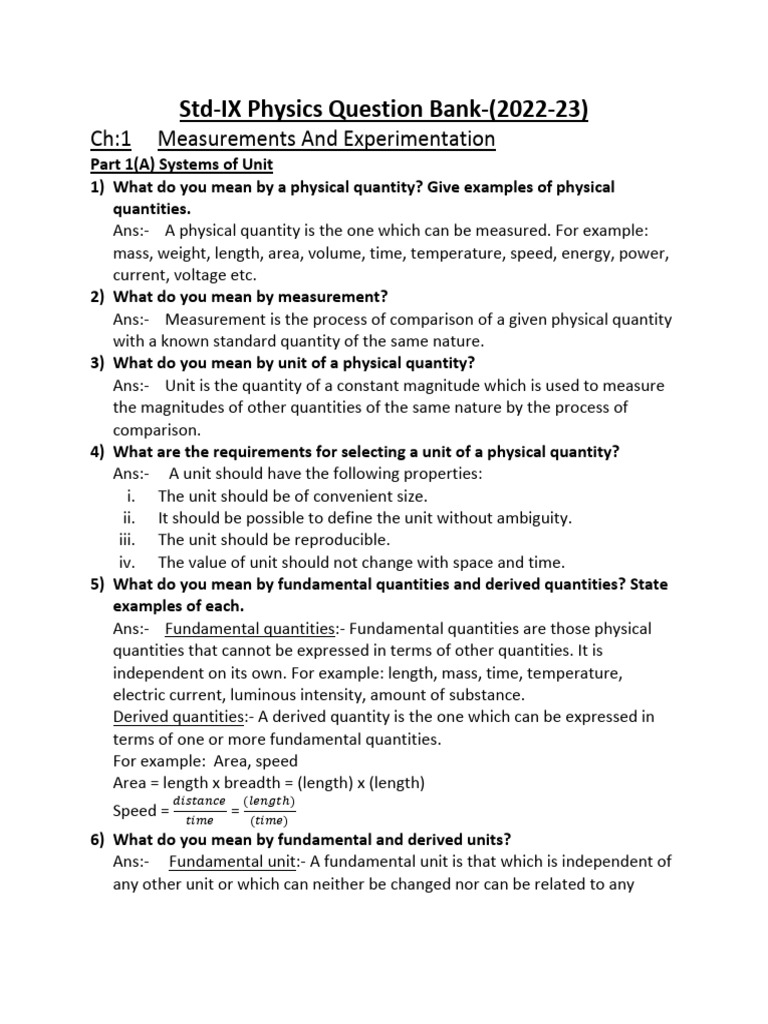 Std 9 Physics Question Bank 2022 23 | PDF | Velocity | Acceleration