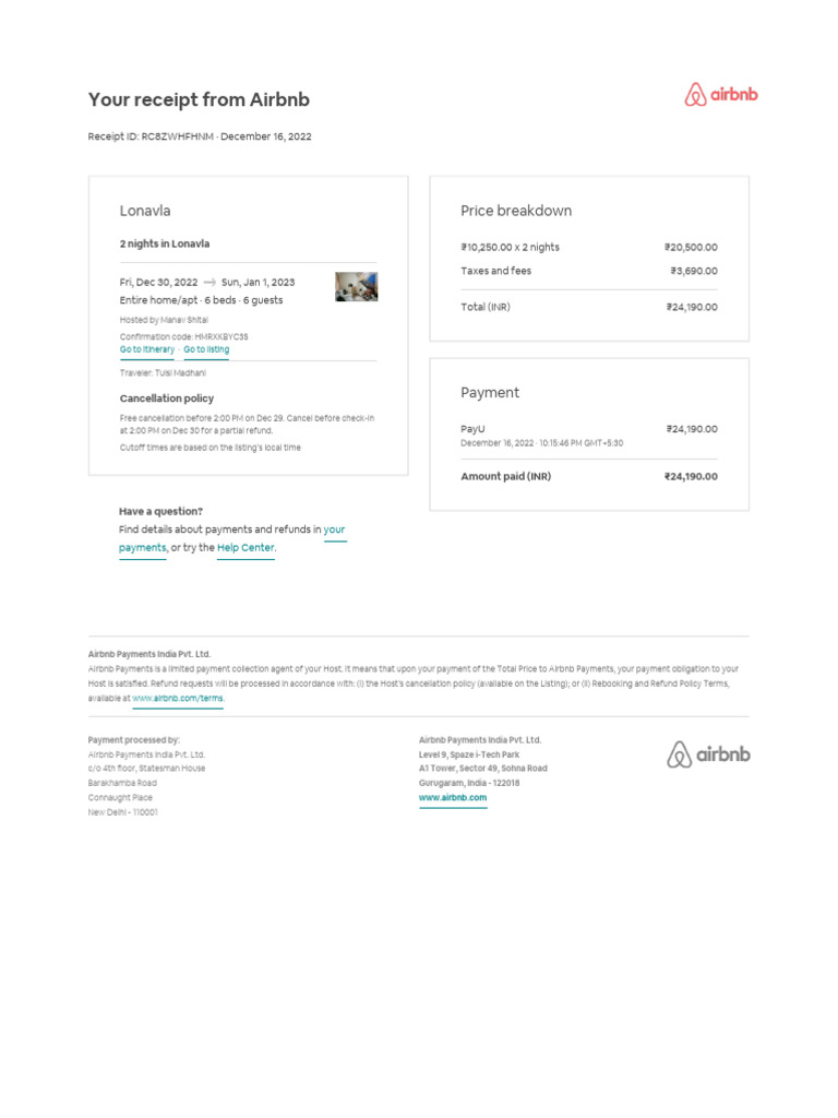 Airbnb Travel Receipt RC8ZWHFHNM | PDF | Services (Economics ...