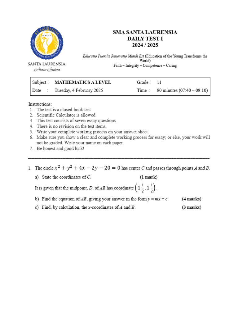 A-Level Mathematics Test 2025 | PDF | Circle | Tangent