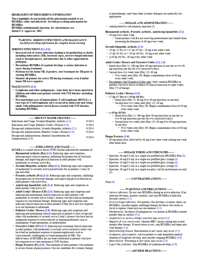 HUMIRA Prescribing Information Summary | PDF | Medicine | Medical ...