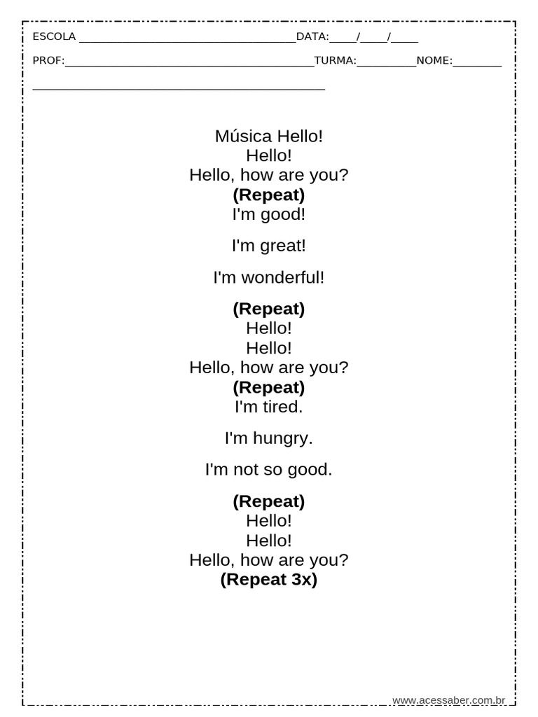 Hello Song Lyrics for Classroom Use | PDF