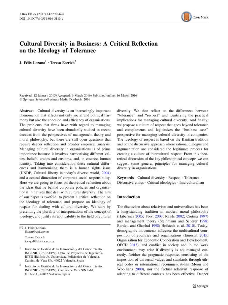Cultural Diversity in Business A Critical Reflection | PDF | Ideologies | Toleration