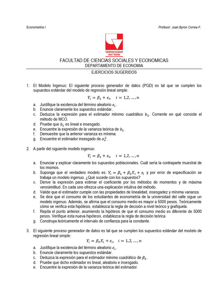 Ejercicios de entrenamiento para el Examen N°1 - Econometria I | PDF | Mínimos cuadrados ...
