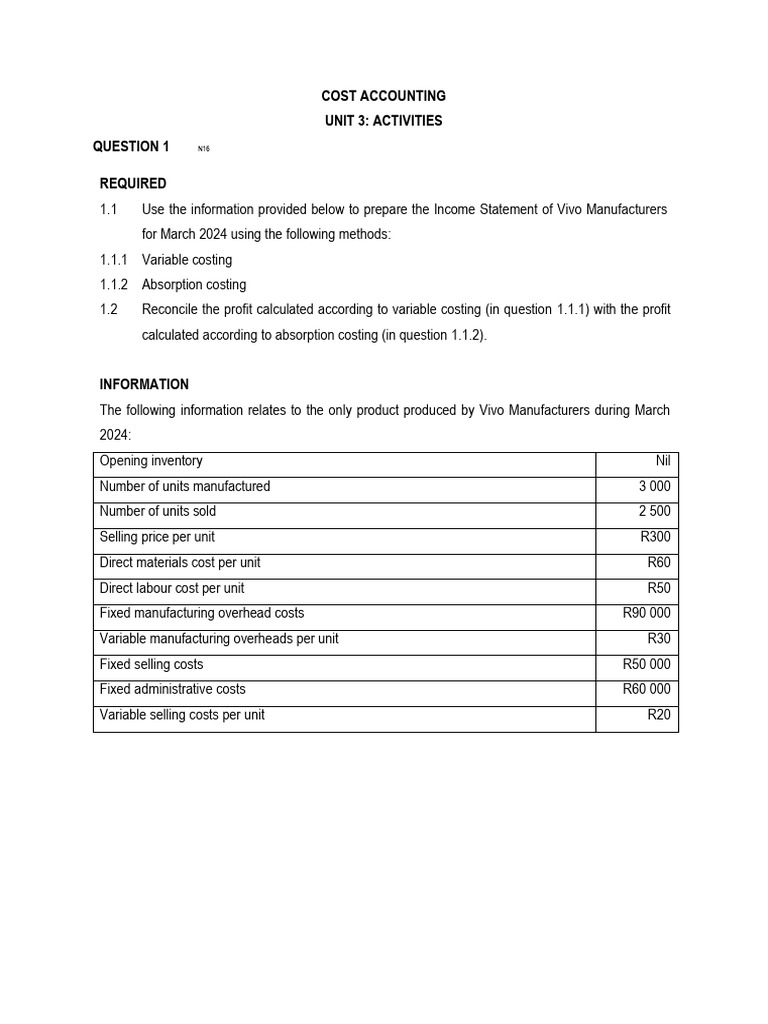 COST ACC UNIT 3 ACTIVITIES | PDF | Production And Manufacturing | Pricing