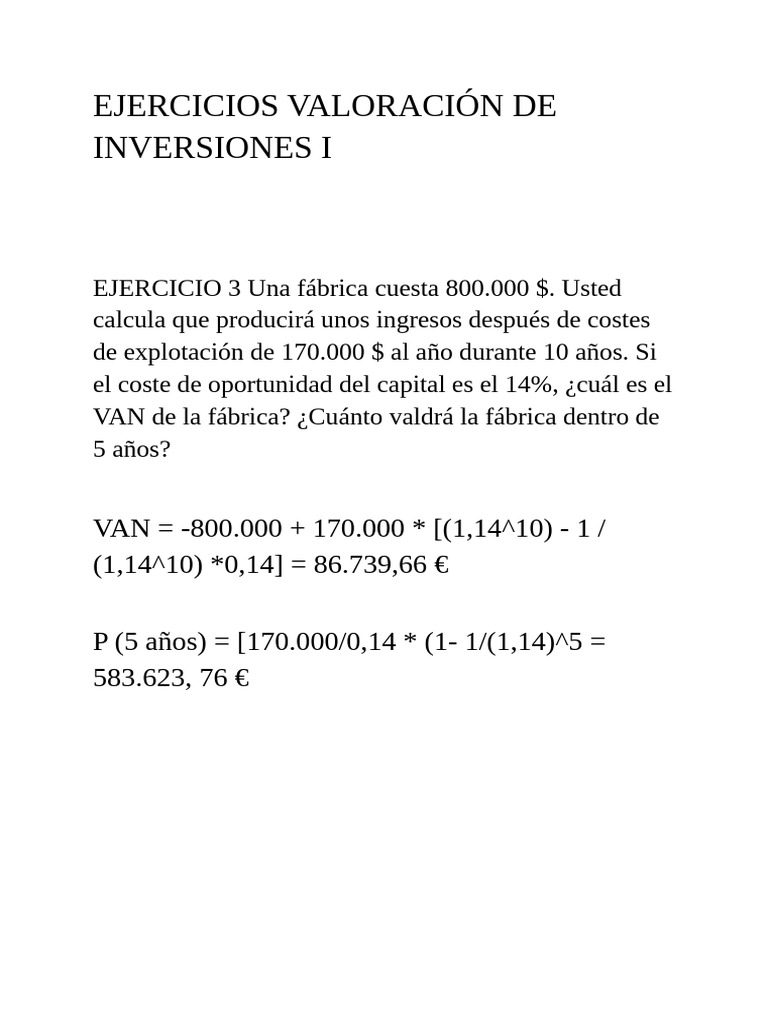 Ejercicios Valoración de Inversiones I | PDF
