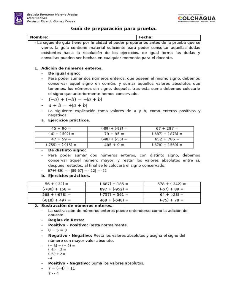 GUÍA SEPTIMO BÁSICO ENTEROS PRUEBA | PDF | Entero | Sustracción